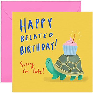 Old English Co. Tortoise Belated Birthday Card - Sorry It's Late Greeting Card for Him or Her | Fun Cute Birthday Wishes for Men and Women | Blank Inside & Envelope Included