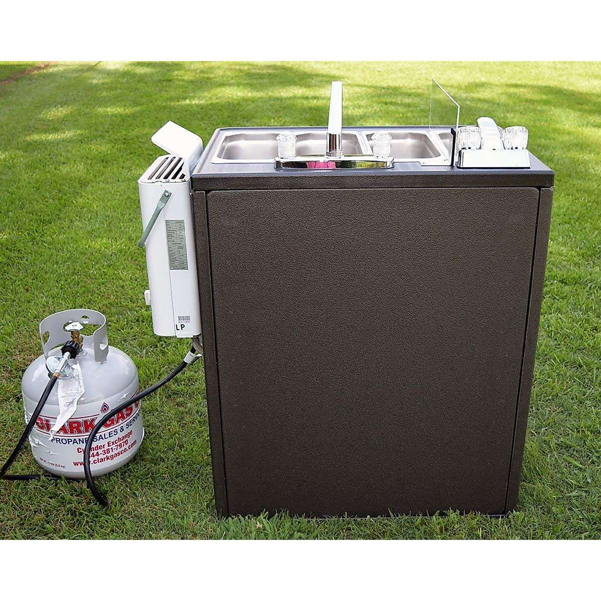 Concession Sinks Standard Propane 3 Compartment with Removable Accessory Shelf, Soap Dispenser and New! 3" Caster Wheel Base by Concession Sinks