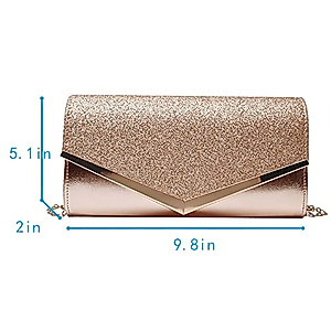 Teanea Glitter Envelope Clutch Formal Evening Wedding Handbag Chain Purse for Women, Rose Gold