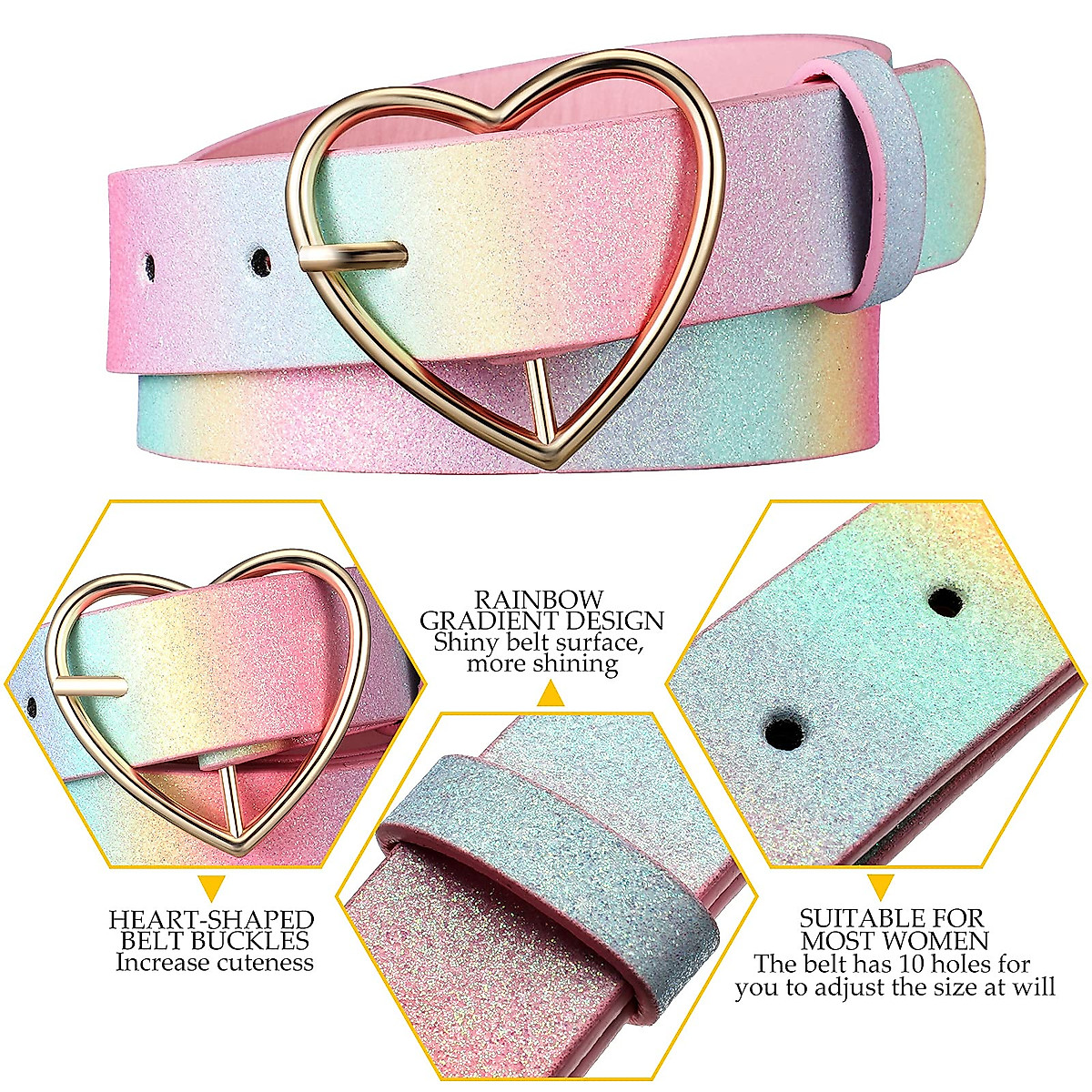 SATINIOR Rainbow Belt PU Leather Waist Belt Women Girls Glitter Belt with Heart Buckle Adjustable Shiny Dress Belt for Jeans Dress