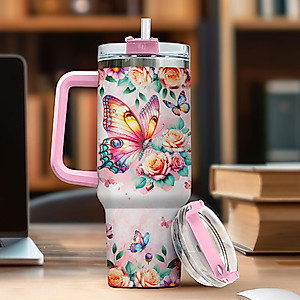 99OWL Mom Gifts, Tumbler 40 Oz With Handle Lid And Straw, Lady Mom Colorful Butterfly Floral, Coffee Tumblers Mommy Red Day Handle Primrose To Funny Flower Parade Eleven Cups