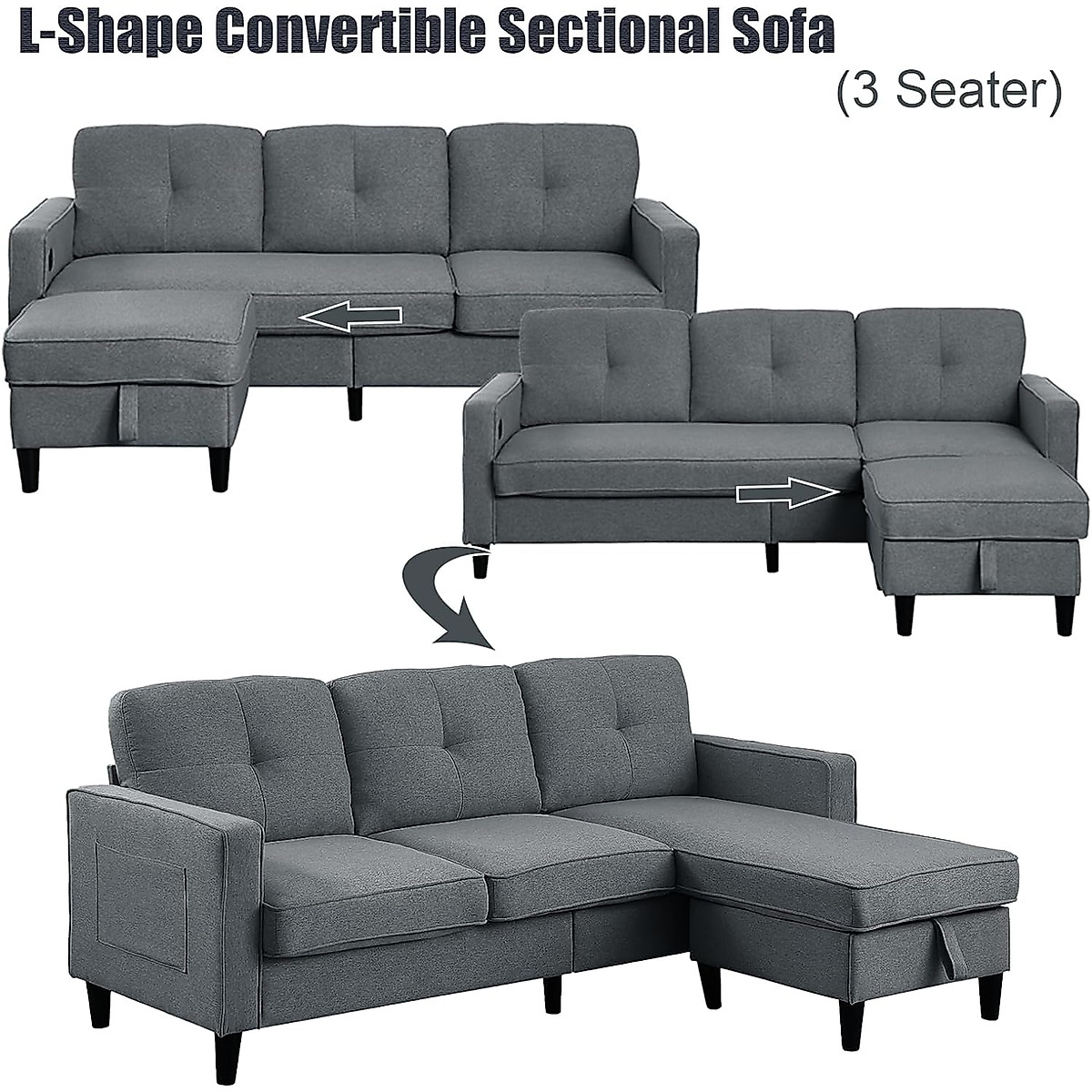 Uoobmope 78" L Shaped Sectional Couch, 3-Seat Sectional Sofa w/Movable Storage Ottoman & USB, Upholstered Linen sofa w/Reversible Chaise Lounge for Apartment,Compact/Small Spaces-Dark Grey