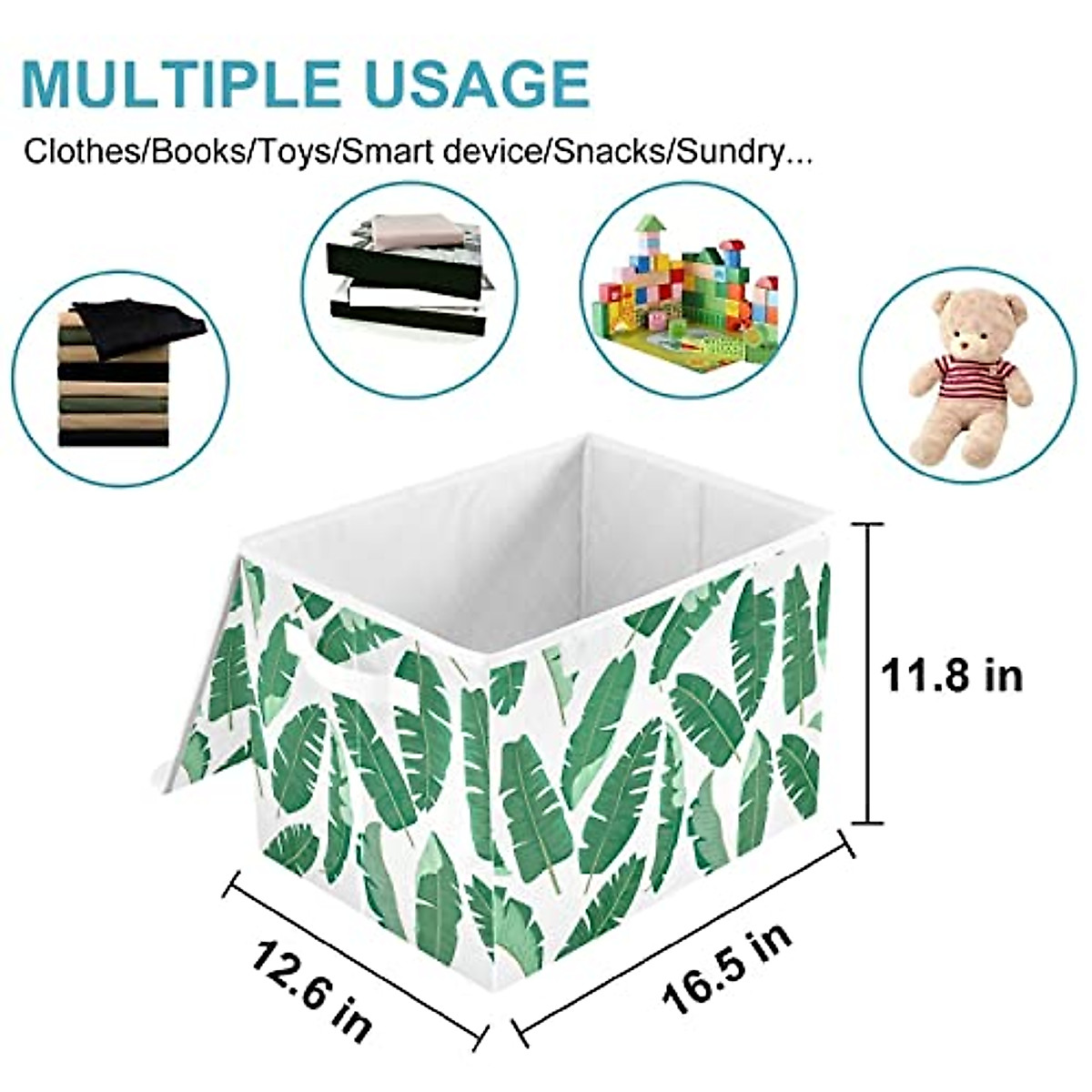 CaTaKu Green Banana Leaves Storage Bins with Lids and Handles, Fabric Large Storage Container Cube Basket with Lid Decorative Storage Boxes for Organizing Clothes