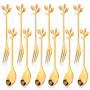 12pcs Stainless Steel Gold Leaf Coffee Spoon and Cake Fruit Forks Kitchen Accessory Wedding Party for Dessert, Salad, Appetizer, Spoon and Fork Set(6 Forks + 6 Spoons) (Gold)