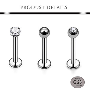 Hoeudjo 16G Solid Grade 23 (G23) Titanium Labret Monroe Lip Ring Tragus/Helix/Cartilage Earring Stud Barbell Body Piercing Jewelry for Women Men CZ Inlaid 8mm 5/16 inch