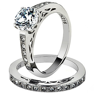 Marimor Jewelry His and Her 3 Piece Stainless Steel 1.39 Carat Cubic Zirconia Bridal Set and Men's Wedding Band Women's Size 09 Men's Size 09