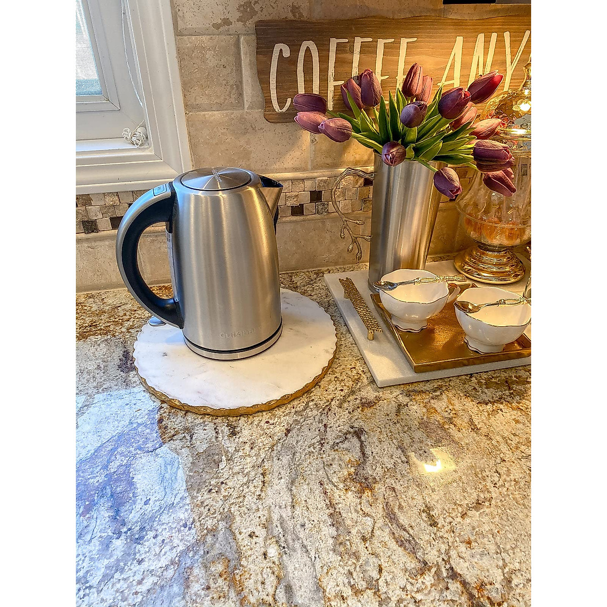 GMRS Home White Marble Board for Meats Breads Charcuterie Round Cutting Serving Board with Gold Foiling - 12 Inch