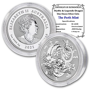 2021 P 1 oz Australian Silver Myths & Legends Dragon Coin Brilliant Uncirculated (BU - in Capsule) with Certificate of Authenticity $1 Seller Mint State