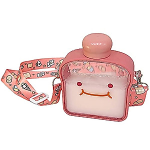 380ml Bread Design Water Bottle, Cute Expression Bread Design Mug Girls Summer Portable Leak-proof Plastic Cup with Strap Pink 380ml