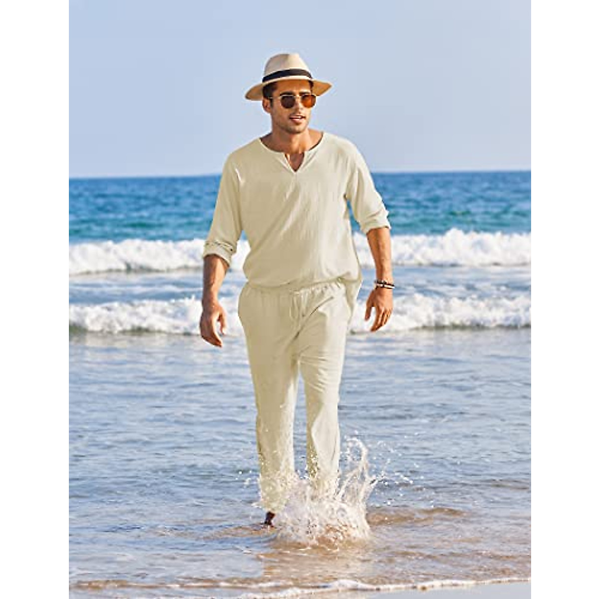 COOFANDY Men's 2 Pieces Cotton Linen Set Henley Shirt Long Sleeve and Casual Beach Pants Summer Yoga Outfits