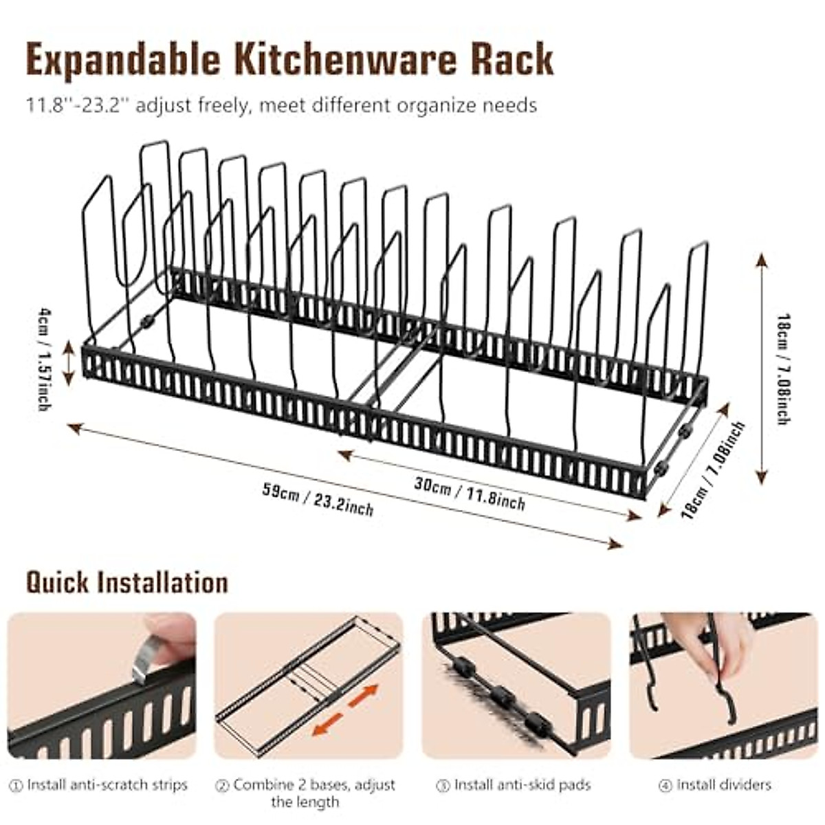 Housolution Pot Lid Organizer, Upgraded Expandable Pot and Pan Organizer with 14 Adjustable Deeper U-Shaped Dividers, Pot and Pan Storage Rack Lid Holder for Cabinet, Black