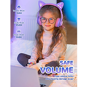 iClever Kids Bluetooth Headphones, Cat Ear Wireless Headphones LED Lights Up, 74/85/94dBA Volume Limited, 45H Playtime, Kids Headphones with Portable Bag for Travel iPad Tablets, Meow Jelly-Purple