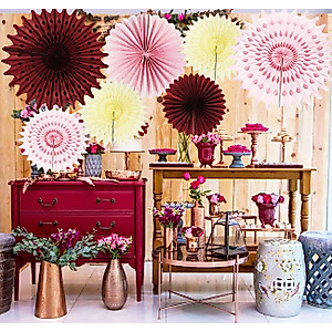 Burgundy Pink Birthday Party Decorations/Fall Bridal Shower Decorations/Valentines Day Decor/7pcs Burgundy Cream Pink Pinwheels Tissue Paper Fans Fall Bachelorette Party Decorations/Burgundy Wedding