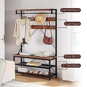 coucheta Industrial Storage Shoe Bench, 72" Mudroom Hall Tree with 8 Hanging Hooks, Rustic Brown