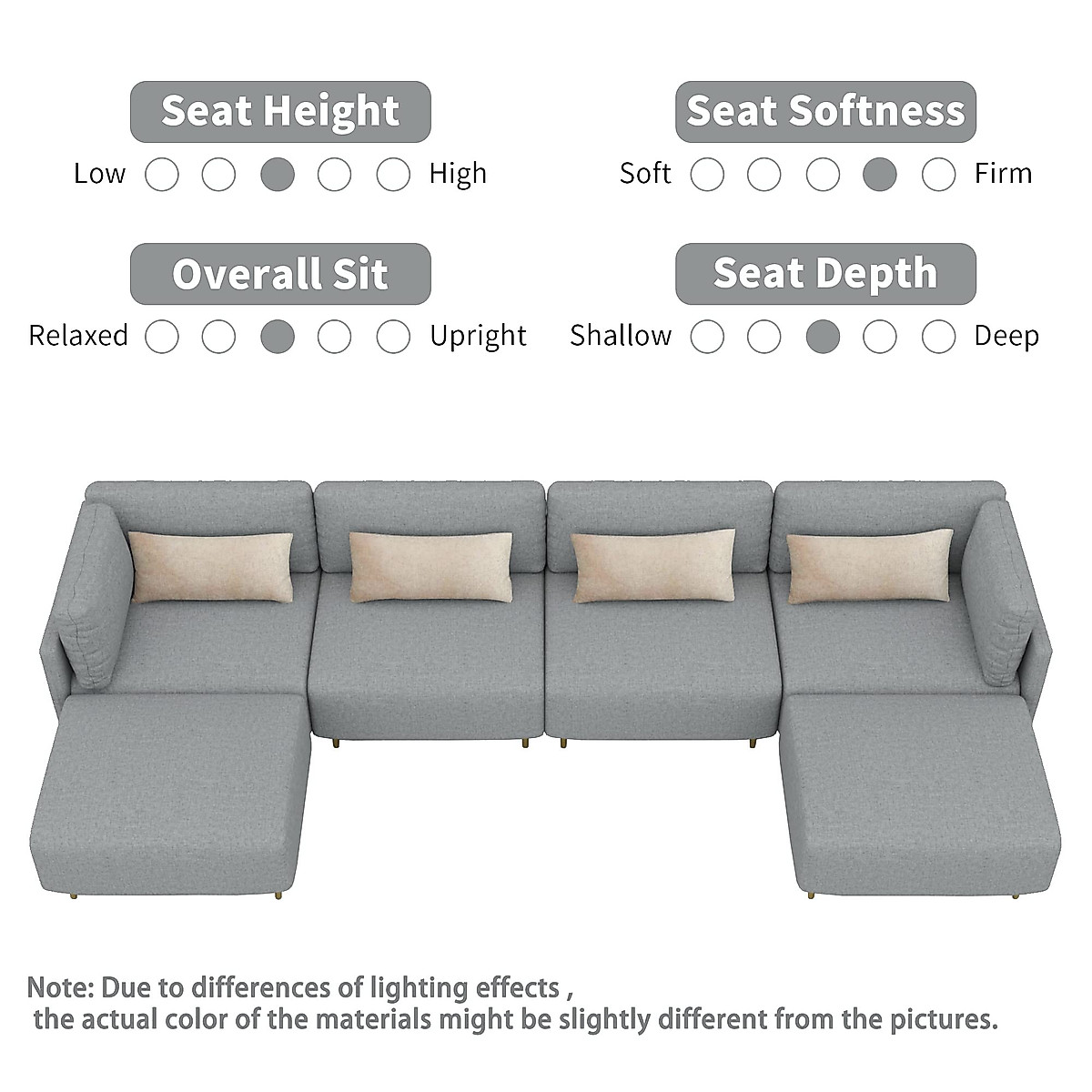 MGH Sectional Sofa Couch, Luxury Contemporary U-Shape Sofa Set,Linen Fabric 4-Seat and 2 Ottoman Living Room Couch Chaise Living Room Furniture Sets,Grey