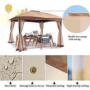 Gazebo for Patio, FAB BASED 10x12 Gazebo, Double Vent Canopy Gazebo, Outdoor Gazebo with Privacy Netting, Easy Setup Patio Pavilion with Steel Frame Strong Legs for Lawn, Backyard, Deck (Khaki)