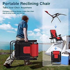 MFSTUDIO Padded Zero Gravity Recliner Chair Set of 2, Folding Patio Lounge Chair w/Adjustable Pillows & Cup Holder for Poolside Backyard, Support 350lbs(Red)