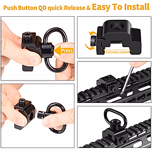 LONSEL 360° Rotation Picatinny Sling Swivel Mounts, 2 Point and Traditional Sling Picatinny Rail Mount with 1.25" Push Button QD Sling Swivels - Black (2 Pack)