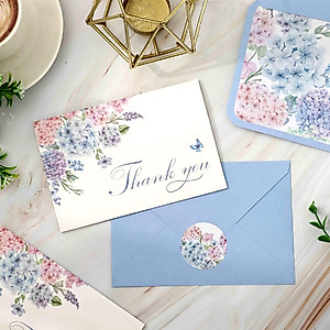 Whaline 24Pcs Blue Hydrangeas Thank You Cards with Envelopes and Stickers Blue Pink Floral Greeting Cards Flower Blank Note Cards for Party Supplies