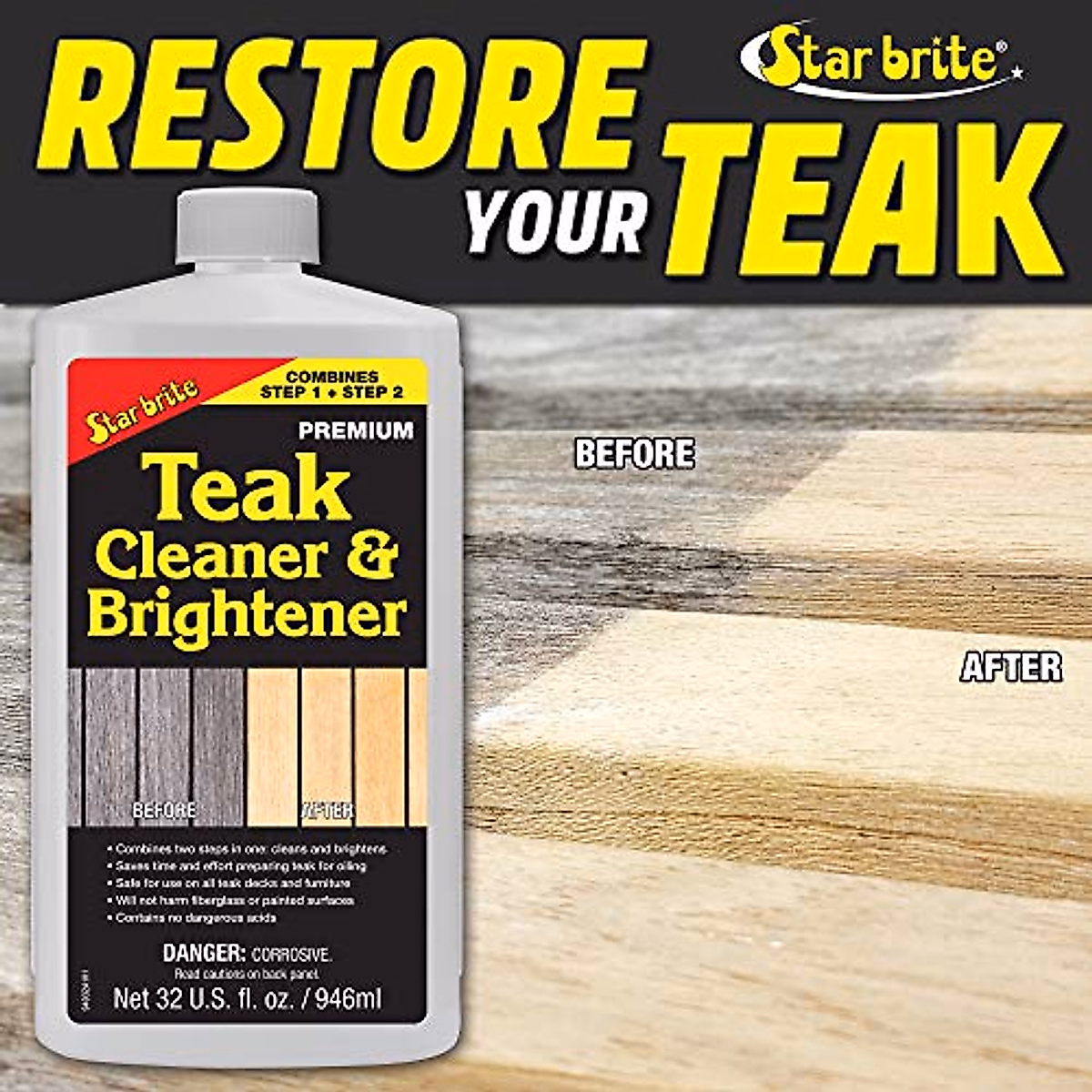 STAR BRITE Teak Cleaner & Brightener - One-Step Teak Restoration Renew Weathered, Gray, Teak for Refinishing or Oiling - Restore & Enhance the Natural Warmth & Wood Grain of Fine Wood 32 OZ (094932)