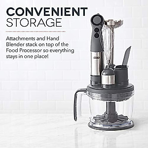 Dash Chef Series Deluxe Immersion Hand Blender, 5 Speed Stick Blender with Stainless Steel Blades, Dough Hooks, Food Processor, Grate, Mash, Slice, Whisk Attachments and Recipe Guide – Cool Grey
