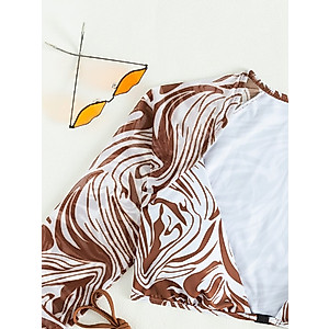 MakeMeChic Women's Two Piece Swimsuit Printed Long Sleeve Bikini Top Swimwear Bathing Suit A Coffee Brown L