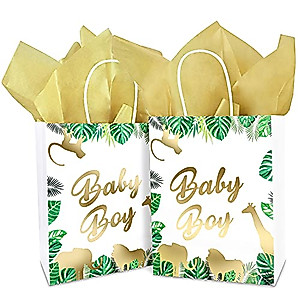 Ocean Line Baby Shower Paper Gift Bags for Boy with Tissue Papers - 12 Pack Kraft Safari Jungle Animals Baby Boy Bags with Gold Wrapping Papers, Size 8" L x 4" W x 10" H
