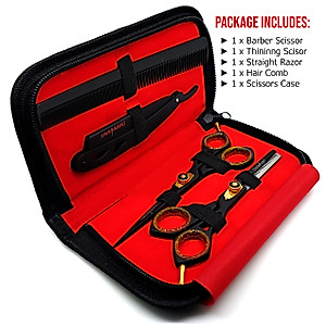 Saaqaans Professional Barber Shears Kit Tools - Hair Cutting Scissors Set for Hairdresser/Hair Salon + Thinning/Texture Hairdressing Haircut Shear for Beautician + Straight Razor + 10 Blades with Case