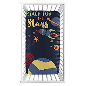 Sweet Jojo Designs Space Galaxy Planets Boy Fitted Crib Sheet Baby or Toddler Bed Nursery Photo Op - Navy Blue Star and Moon Rocket Ship