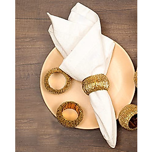 Goroly Home Beaded Napkin Rings Set of 4, Hand Made Round Beaded Napkin Rings Perfect for Christmas, Thanksgiving, Family Gatherings - A Beautiful Complements to Your Dinner Table Décor - Gold