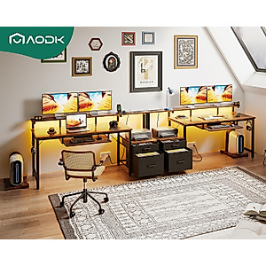 AODK 63-Inch Computer Desk with Power Outlet & LED Light, Reversible Office Desk with File Cabinet and Drawer, Gaming Desk with Keyboard Tray, Study Table with Full Monitor Riser and PC Stand, Vintage