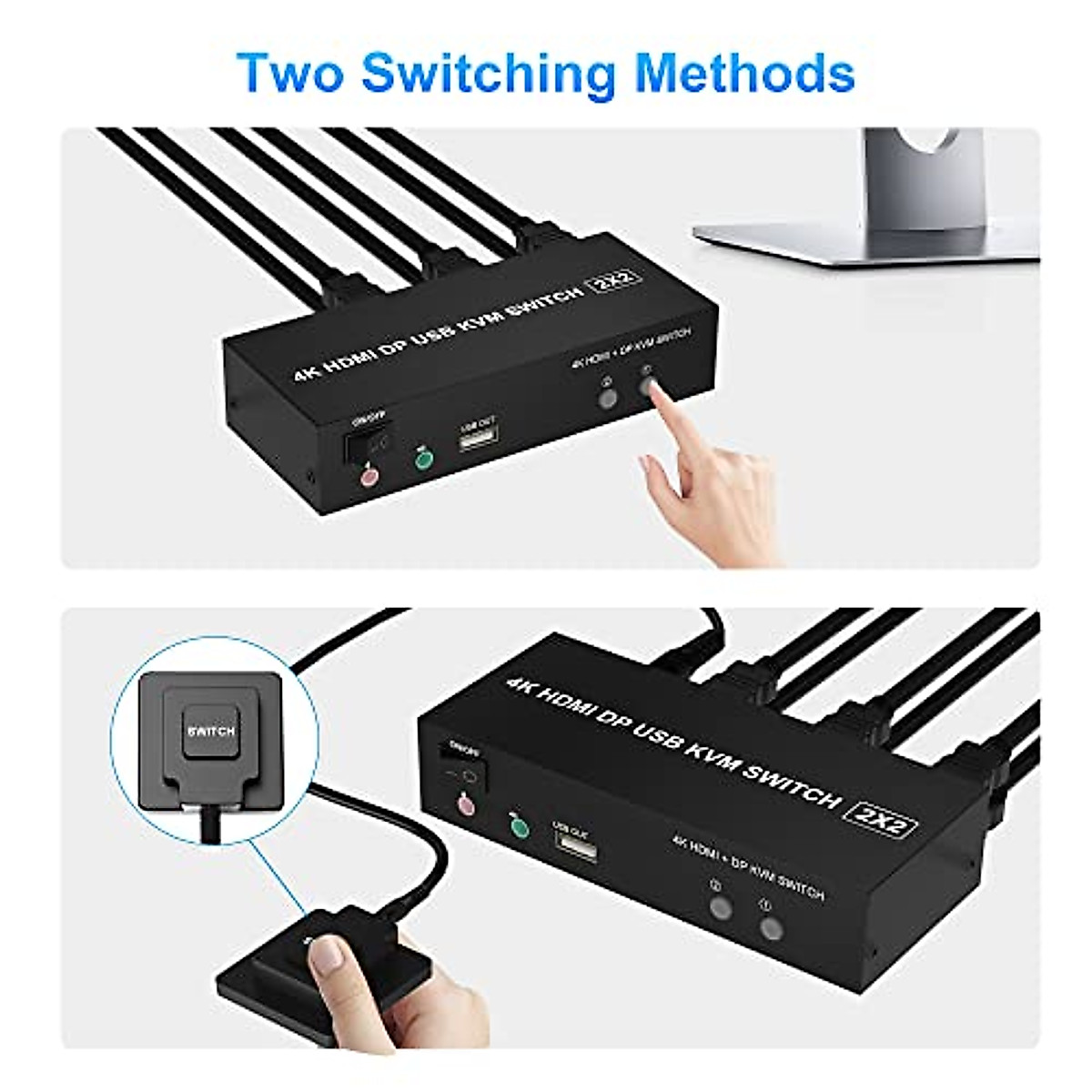 KVM Switch Dual Monitor Display Port and HDMI 4K@60Hz Extended Display KVM Switch 2 Monitors 2 Computers with Audio Microphone Output and 3 USB Ports, PC Monitor Keyboard Mouse Switcher