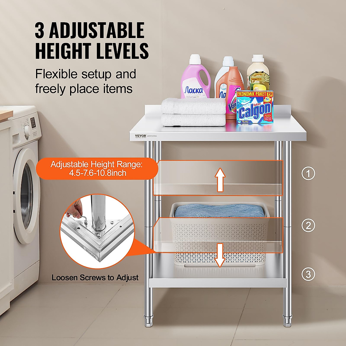 VEVOR 24 x 30 x 36 Inch Stainless Steel Work Table, Commercial Food Prep Worktable Heavy Duty Prep Worktable, Metal Work Table with Adjustable Height for Restaurant, Home and Hotel