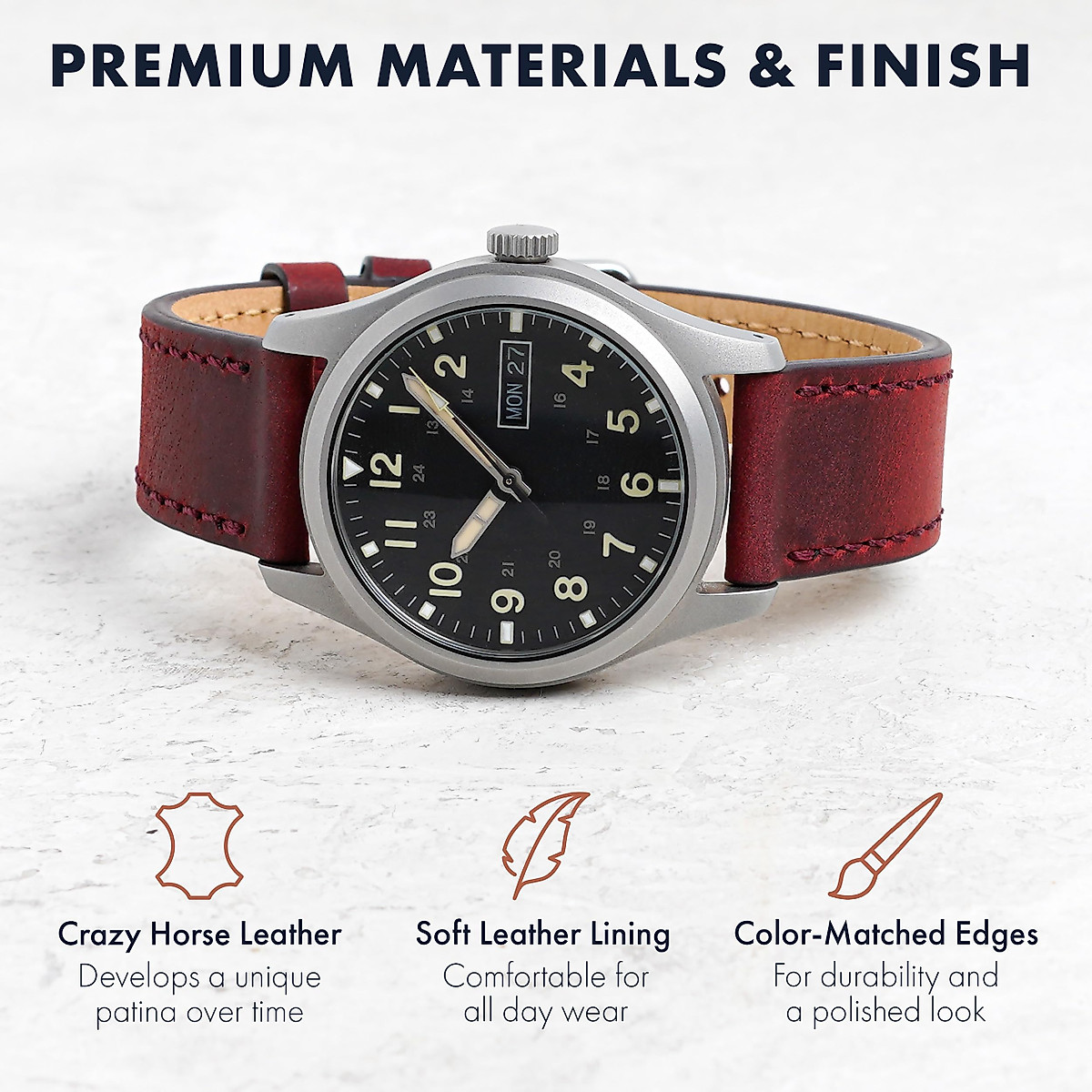 Benchmark 20mm Oxblood Red Leather Watch Band - Quick Release Crazy Horse Leather Watch Strap - 20mm Leather Watch Band (20mm, Oxblood)