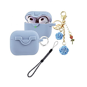 Secure Lock Case for Airpods 3 Case with Cute Flowers Keychain Lanyard,Silicone Protective Case Cover for Airpods 3rd Generation Case Women Girls for Apple iPod 3rd Charging Case 2021 (Blue)