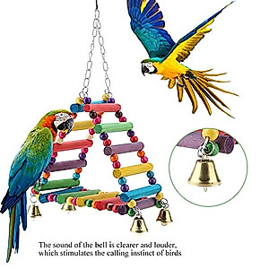 Parrot Swing Toys, Triangle Climbing Ladders Hanging Bell Toy Colorful Wood Beads Bird Perch for Parakeet Cockatiel Macaw African Grey Cockatoo Lovebird Finch