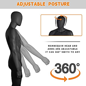 Full Body Male Mannequin Dress Form Manikin Body 73 Inches Adjustable Maniquins Dress Model Plastic Detachable Manequins Stand Metal Base Metal Connector, Black