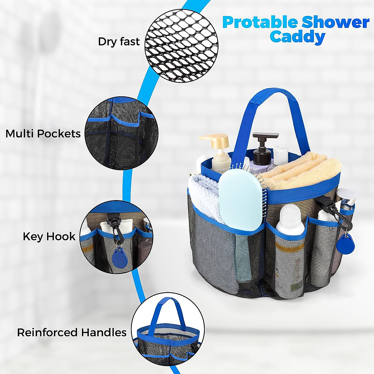 CDDLR Mesh Shower Caddy Portable for College Dorm Room Essentials,Shower Caddy Dorm with 8-Pocket Large Capacity,Quick Dry Shower Caddy Bag for Bathroom, Beach,Gym