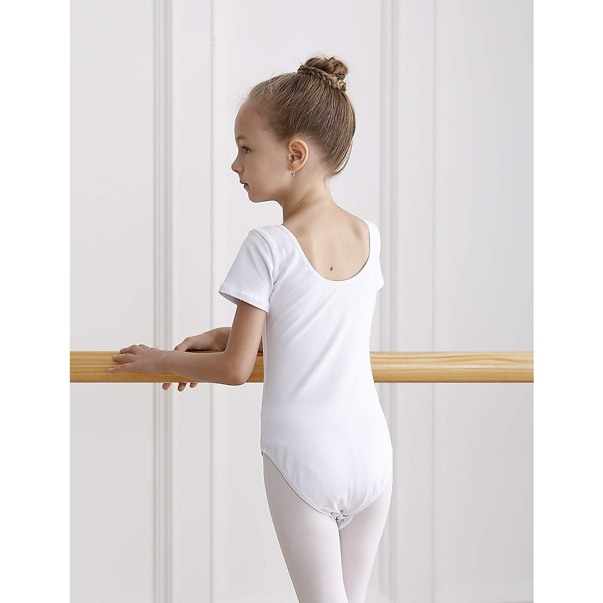 Daydance White Girl's Dance Leotards Short Sleeve Ballet Outfits for Training