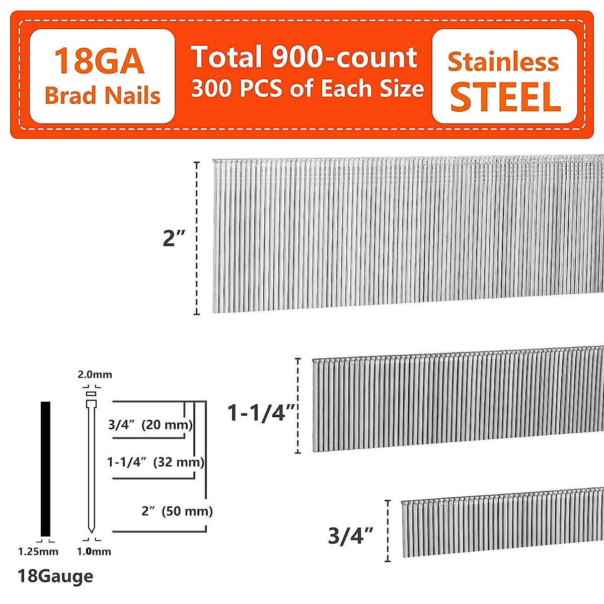 SITLDY 18 Gauge Stainless Steel 304 Brad Nails 900-Pack (3/4", 1-1/4", 2", 300 Pcs of Each Size), Assorted Size Project Pack, for Pneumatic, Electric Brad Nailers