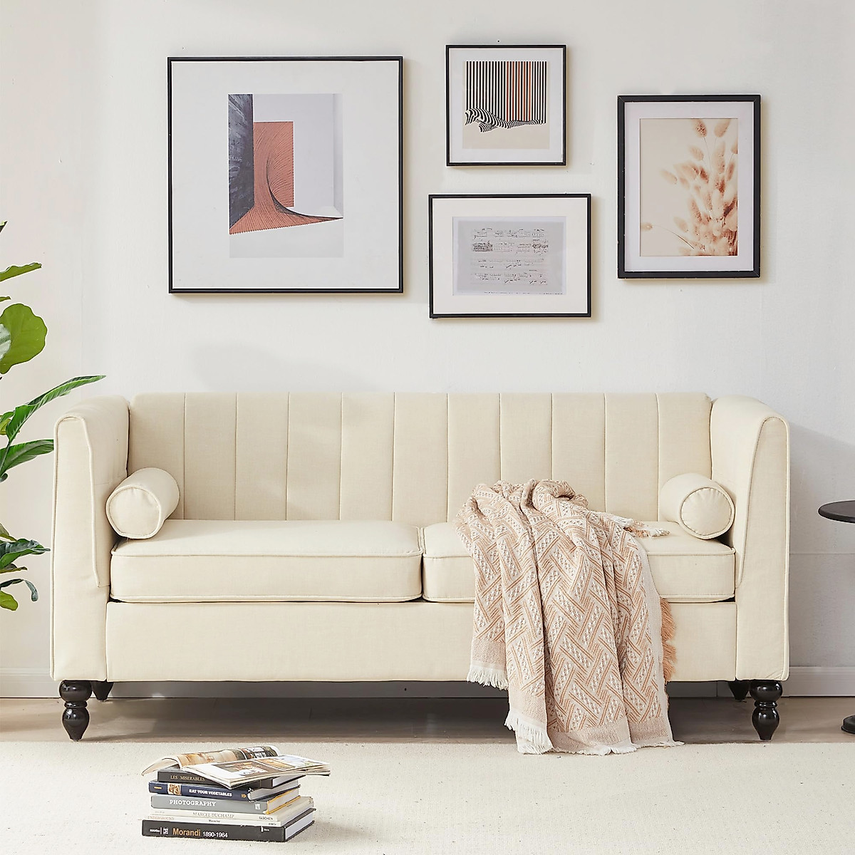 Kingfun 67" Modern Sofa for Living Room, Comfy Loveseat Linen Fabric with 2 Bolster Pillows, Mid Century Modern Couch Small Love Seat for Bedroom with Solid Wooden Frame and Padded Cushion, Beige