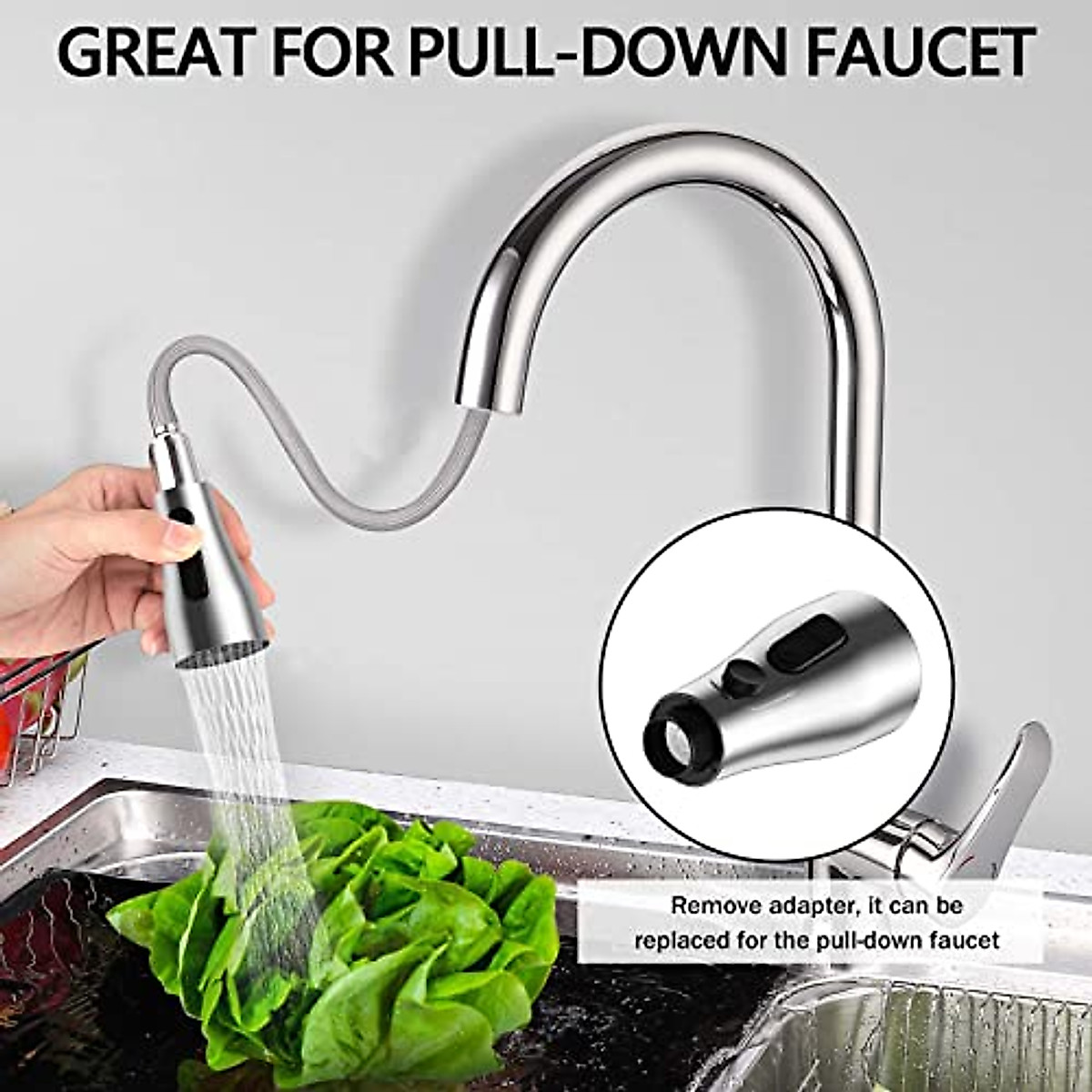 Kitchen Faucet Head Replacement - MUNNAR Pull Down Spray Head for Kitchen Faucet, Kitchen Sink Faucet Replacement Parts, 3 Modes, High Pressure, Big Angle Swivel, M22, M24 Thread Adapters Included