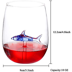 Shark Wine Glass, Personalized Stemless Crystal Shark Wine Glasses with Shark Inside (Set of 2), Fancy Cool Red Wine Cups, Unique Shark Lover Gifts for Women Party Birthday Wedding (Blue)