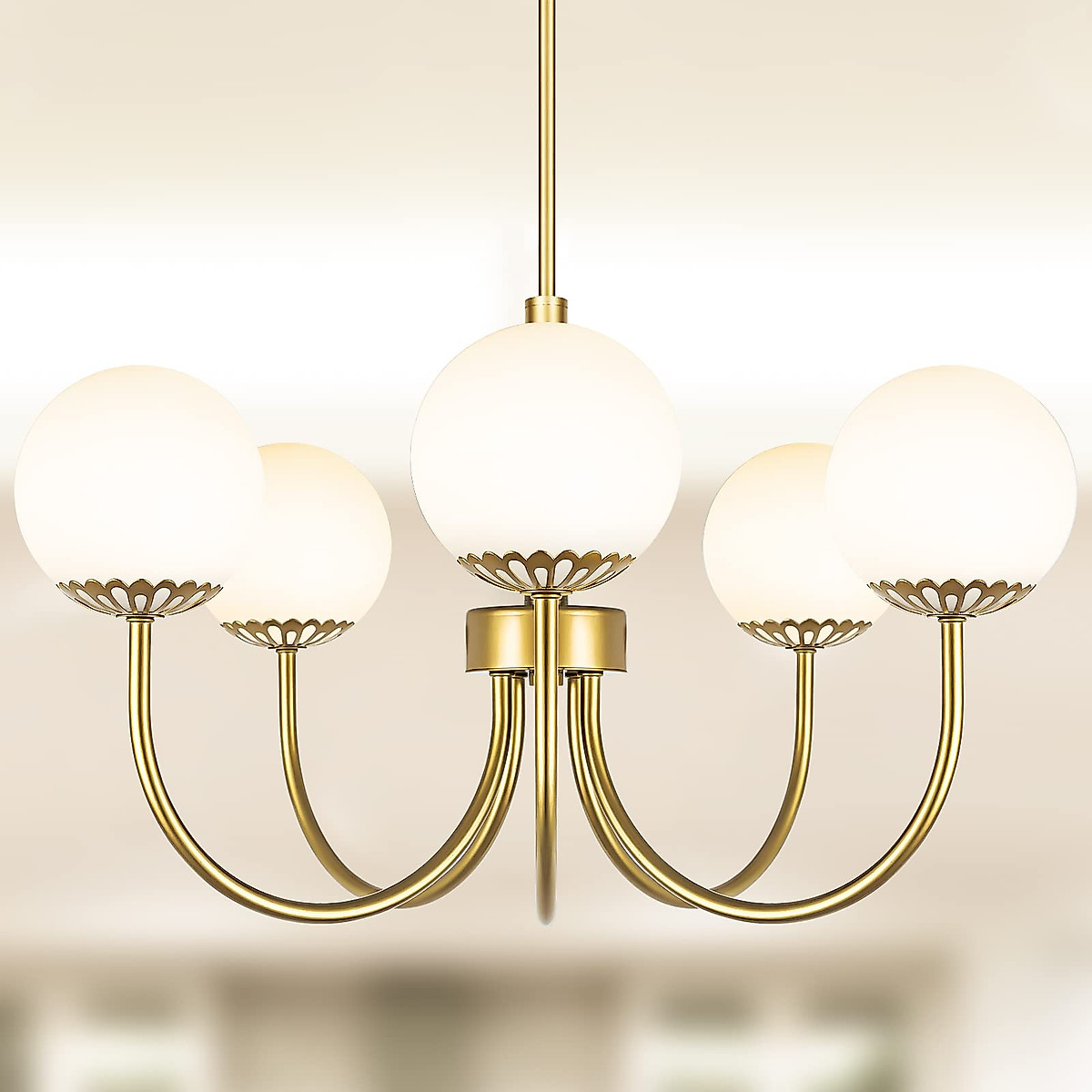 Yolsunes 5-Light Gold Chandelier, Globe Modern Sputnik Light Fixture with Frosted Glass, Vintage Semi-Flush Mount Ceiling Light for Dining Room, Large Pendant Lighting for Kitchen Living Room Bedroom