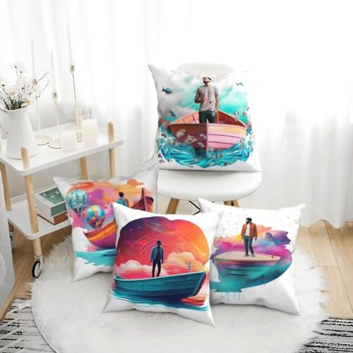 Boat Ocean Throw Pillow Covers 14x14 Throw Pillows Set of 4 Winter Decorations for Home Porch Enhance Your Living Room or Couch with Cozy Fall and Halloween Themes Bringing Warmth to Your Home Decor