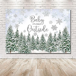 MEHOFOND 7x5ft Winter Baby Shower Backdrop Baby It's Cold Outside Snowflake Forest Pine Tree Green Photography Background Baby Shower for Boys Party Banner Decorations Photo Booth Props