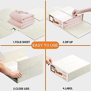 LHZK Sheet Organizers and Storage 4 Pack, Foldable Bed Sheet Organizers and Storage (Queen & King Size), Bed Sheet Organizer with Leather Handle, Window and Label