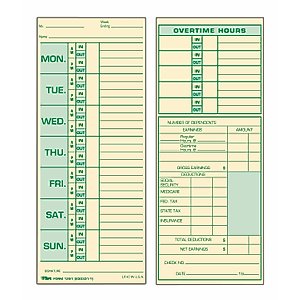TOPS Time Cards, Weekly, 2-Sided, 3-1/2" x 8-1/2", Green Print Front/Back, 500-Count (1291)