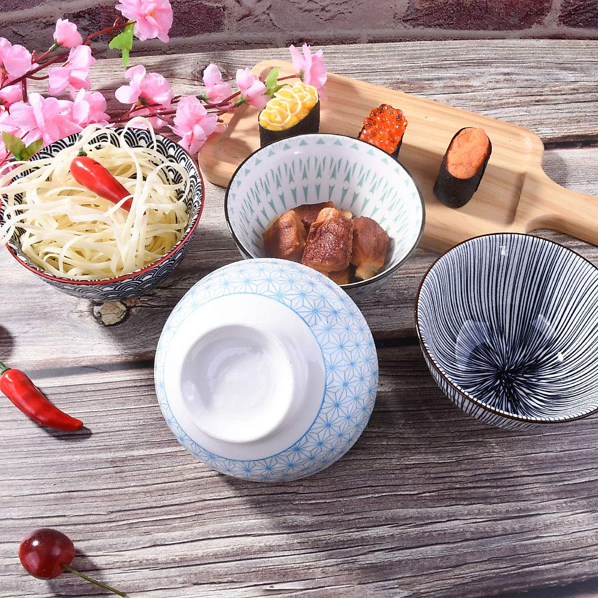 BOSILI Japanese Style Ceramic Rice Bowls set of 4 Color For Dessert Snack Cereal Soup