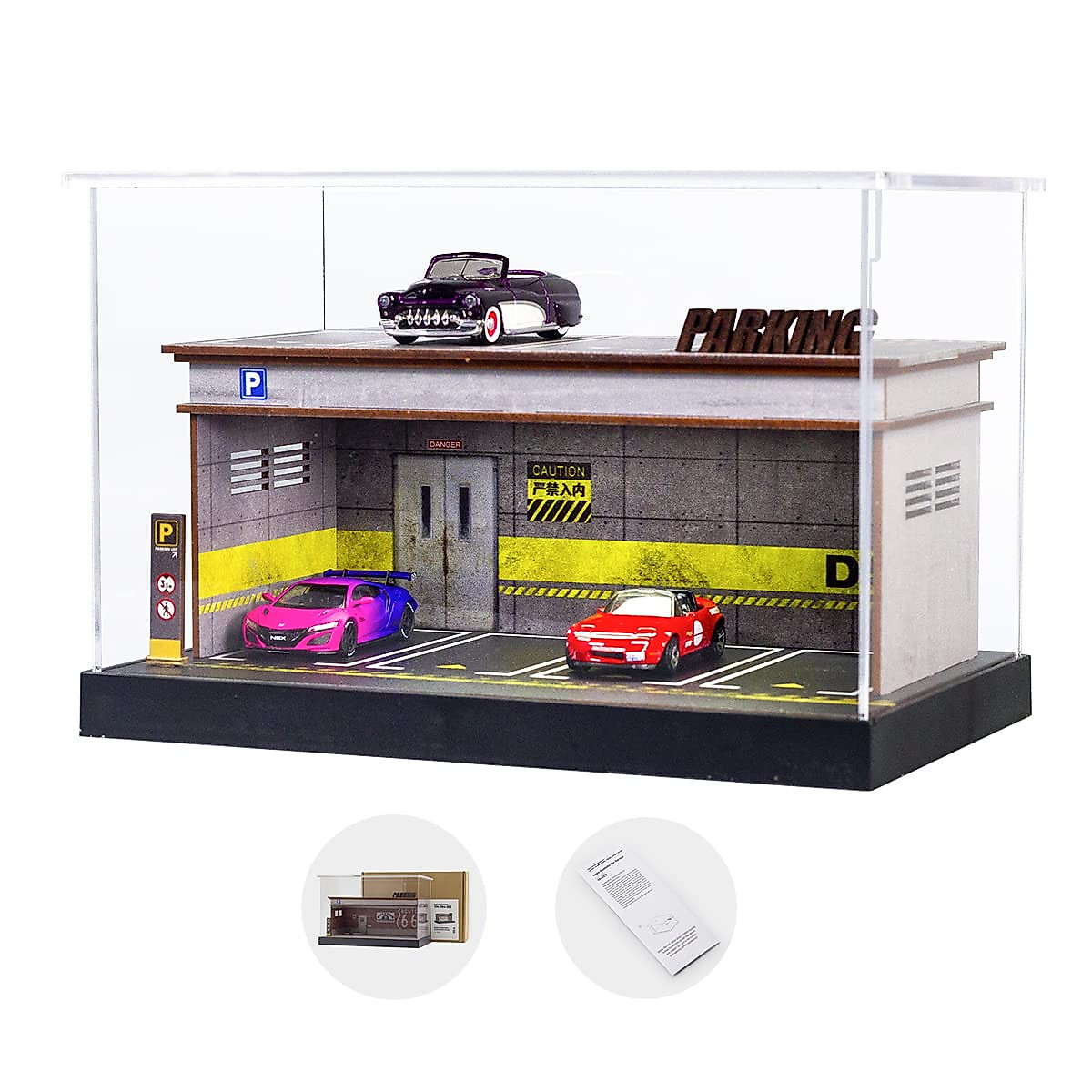 SIKIVOT 1/64 Scale Parking Lot Model Car，Die-cast Car Garage Display Case， Scale Garage Display Case，8 Parking Space with LED Light and Acrylic Cover (7641D5)